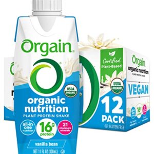 Orgain Organic Vegan Plant Based Nutritional Shake, Vanilla Bean - Meal Replacement, 16g Protein, 21 Vitamins & Minerals, Non Dairy, Gluten Free, Lactose Free, Kosher, Non-GMO, 11 Fl Oz (Pack of 12)