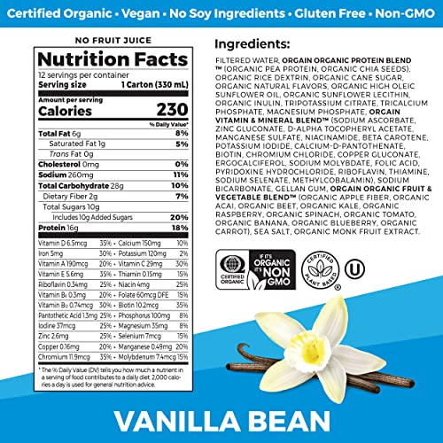 Orgain Organic Vegan Plant Based Nutritional Shake, Vanilla Bean - Meal Replacement, 16g Protein, 21 Vitamins & Minerals, Non Dairy, Gluten Free, Lactose Free, Kosher, Non-GMO, 11 Fl Oz (Pack of 12)