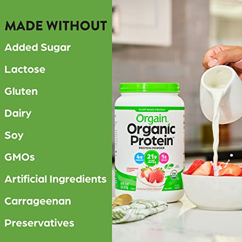 Orgain Organic Vegan Protein Powder, Strawberries & Cream - 21g of Plant Based Protein, Low Net Carbs, Gluten/ Lactose Free, No Sugar Added, Soy Free, Non-GMO, 2.03 Lb