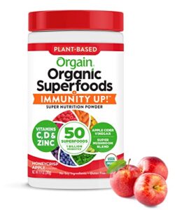 immune support, orgain organic superfoods + immunity up! powder, vegan, includes zinc, apple cider vinegar, vitamin c, d, 1b probiotics, and ashwagandha, nongmo, plant based, 9.9 oz, honeycrisp apple