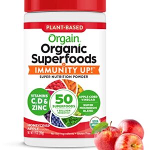 Immune Support, Orgain Organic Superfoods + Immunity Up! Powder, Vegan, Includes Zinc, Apple Cider Vinegar, Vitamin C, D, 1b Probiotics, and Ashwagandha, NonGMO, Plant Based, 9.9 oz, Honeycrisp Apple