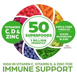 Immune Support, Orgain Organic Superfoods + Immunity Up! Powder, Vegan, Includes Zinc, Apple Cider Vinegar, Vitamin C, D, 1b Probiotics, and Ashwagandha, NonGMO, Plant Based, 9.9 oz, Honeycrisp Apple