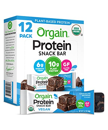 Orgain Organic Plant Based Protein Bar, Chocolate Brownie - 10g of Protein, Vegan, Gluten Free, Dairy Free, Soy Free, Lactose Free, Kosher, Non-GMO, 1.41 Ounce, 12 Count (Packaging May Vary)