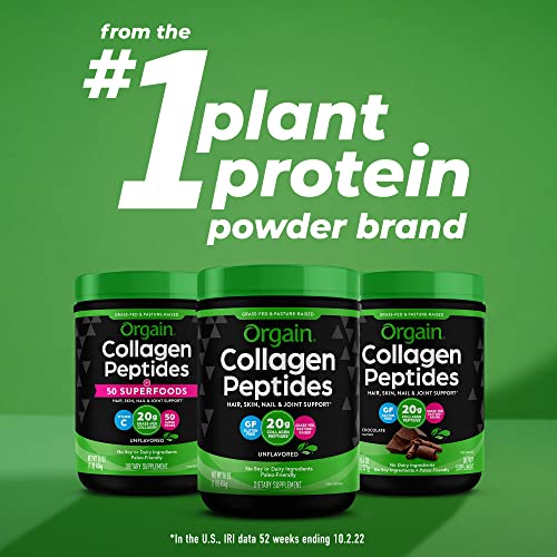 Orgain Hydrolyzed Collagen Peptides Powder + Superfoods, 20g Grass Fed Collagen - Hair, Skin, Nail, & Joint Support Supplement, Paleo & Keto, Non-GMO, Type I and III, 1lb (Packaging May Vary)