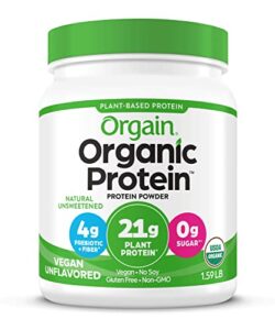 orgain organic unflavored vegan protein powder, natural unsweetened – 21g of plant based protein, non dairy, gluten free, no sugar added, soy free, non-gmo, 1.59 lb (packaging may vary)