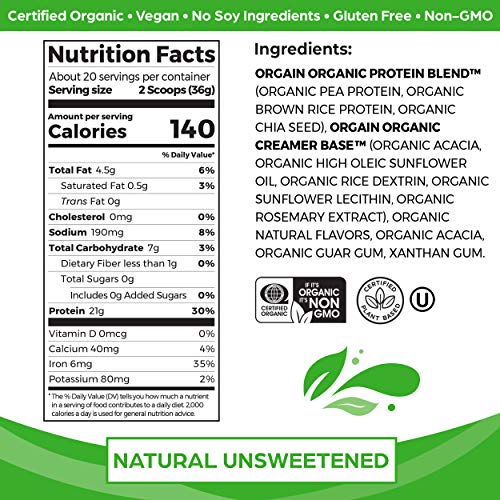 Orgain Organic Unflavored Vegan Protein Powder, Natural Unsweetened - 21g of Plant Based Protein, Non Dairy, Gluten Free, No Sugar Added, Soy Free, Non-GMO, 1.59 lb (Packaging May Vary)