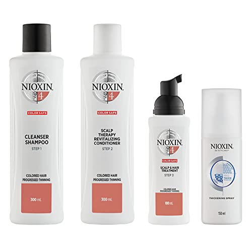 Nioxin System Kit 4 + Thickening Spray, For Color Treated Hair with Progressed Thinning, Full Size (3 Month Supply)