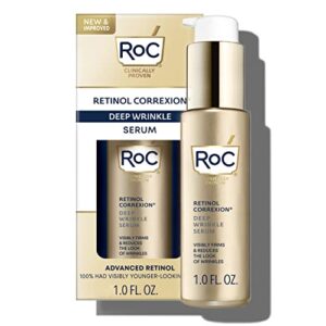 roc retinol correxion deep wrinkle retinol face serum with ascorbic acid, daily anti-aging skin care treatment for fine lines, dark spots, acne scars, 1 ounce (packaging may vary)