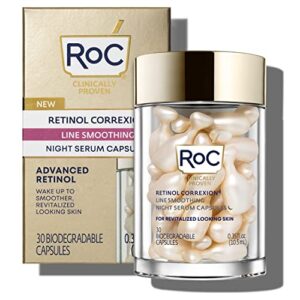 roc retinol correxion anti-aging wrinkle night serum, daily line smoothing skin care treatment for fine lines, dark spots, post-acne scars, 30 individual capsules, unscented, 0.35 fl oz