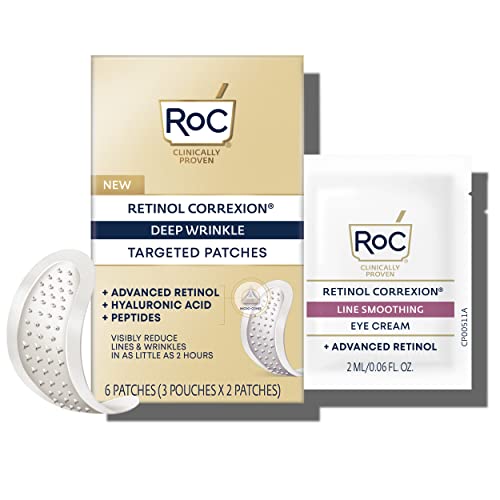 RoC Retinol Correxion Deep Wrinkle Non-Invasive Targeted Patches with Hyaluronic Acid + Firming Peptides for Forehead and Between Eyes, 3 Pouches of 2 Patches Each + 1 Packette of Eye Cream