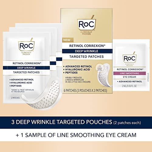 RoC Retinol Correxion Deep Wrinkle Non-Invasive Targeted Patches with Hyaluronic Acid + Firming Peptides for Forehead and Between Eyes, 3 Pouches of 2 Patches Each + 1 Packette of Eye Cream