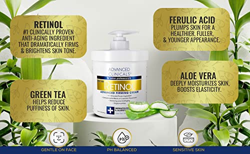 Advanced Clinicals Retinol Body Lotion Moisturizer Face & Body Cream & Crepey Skin Care Treatment, Anti Aging Retinol Cream Targets Appearance Of Wrinkles, Sagging Skin, & Sun Damaged Skin, 16 Oz