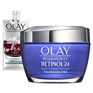 olay regenerist retinol moisturizer, retinol 24 night face cream with niacinamide, anti-wrinkle fragrance-free 1.7 oz, includes olay whip travel size for dry skin