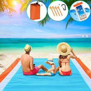 gold roc sandless beach blanket & waterproof phone pouch, extra large outdoor picnic mat, pocket camping mat for travel, camping, hiking (blue-orange, large)