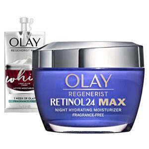 olay regenerist retinol 24 max moisturizer, retinol 24 max hydrating night face cream, fragrance-free non greasy feeling 1.7 oz, includes olay whip travel size for dry skin