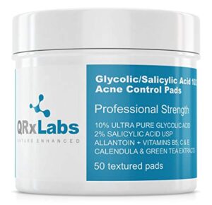 glycolic/salicylic acid 10/2 acne control pads with 10% ultra pure glycolic acid + 2% salicylic acid, allantoin, vitamins b5, c & e, calendula & green tea – most effective acne treatment – clear skin