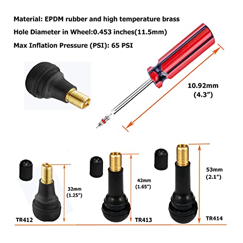 Dr.Roc Tire Valve Stem Puller Set –1 x Valve Stem Installer, 30 x Brass Ozone Resistant EPDM Snap-in Tire Valve Stem with Valve Cores (10 x TR412,10 x TR413,10 x TR414), 1 x Valve Core Remover (30)