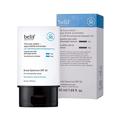 belif Aqua Bomb Sunscreen Broad Spectrum SPF 50 | Lightweight 2-in-1 Moisturizing Sunscreen | Skin Hydrating with UV Rays Blocking | Moisture Barrier Replenishment, Clean Finish | 1.69 fl. Oz