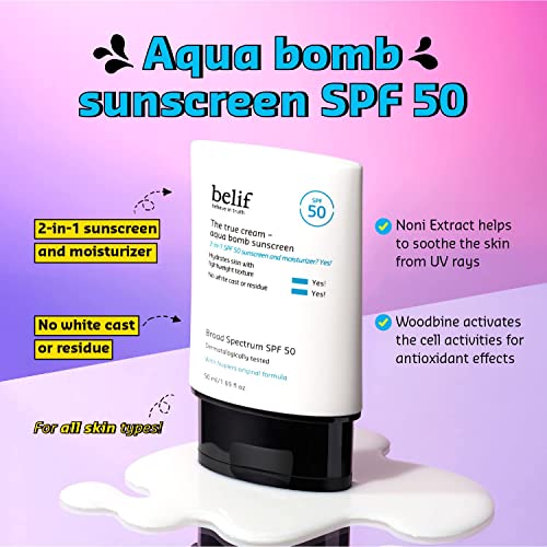 belif Aqua Bomb Sunscreen Broad Spectrum SPF 50 | Lightweight 2-in-1 Moisturizing Sunscreen | Skin Hydrating with UV Rays Blocking | Moisture Barrier Replenishment, Clean Finish | 1.69 fl. Oz