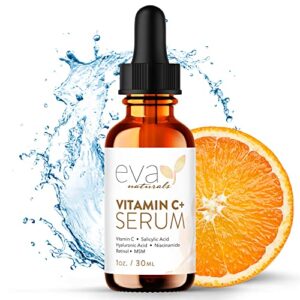 eva naturals vitamin c serum for face plus hyaluronic acid, retinol, niacinamide & salicylic acid, anti aging serum, reduce fine lines, wrinkles & dark spots, brightening skin serum for glowing skin (1 oz)