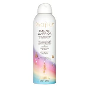 pacifica beauty bacne warrior acne fighting body spray for body and back, 2% salicylic acid, niacinamide, cucumber & aloe, sensitive skin approved, 100% vegan and cruelty free, clear, 6 fl oz