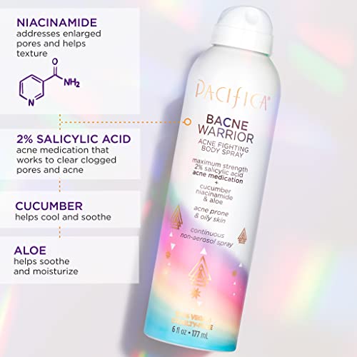 Pacifica Beauty Bacne Warrior Acne Fighting Body Spray for Body and Back, 2% Salicylic Acid, Niacinamide, Cucumber & Aloe, Sensitive Skin Approved, 100% Vegan and Cruelty Free, Clear, 6 Fl Oz