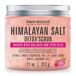 himalayan salt body scrub with collagen and stem cells – natural exfoliating salt scrub & body and face souffle helps with moisturizing skin, acne, cellulite, dead skin scars, wrinkles (11 oz)