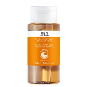 ren clean skincare glow tonic – daily facial brightening – exfoliate, hydrate & even skin tone with resurfacing ahas & bhas – cruelty free & vegan pore reducing toner, 8.5 fl oz