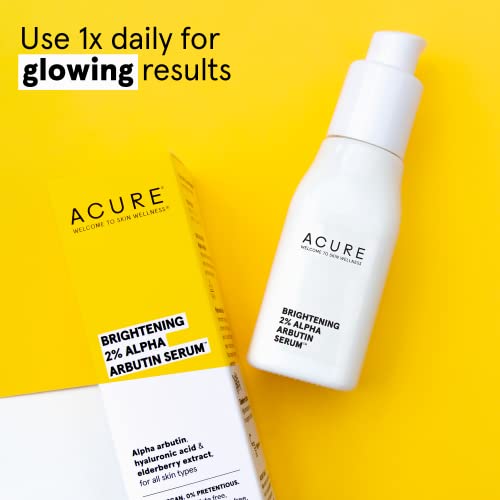 Acure Brightening 2% Alpha Arbutin Serum | 100% Vegan | For All Skin Types | With Alpha Arbutin, Hyaluronic Acid & Elderberry Extract | Brightens & Improves Skin Tone | 1 Fl Oz