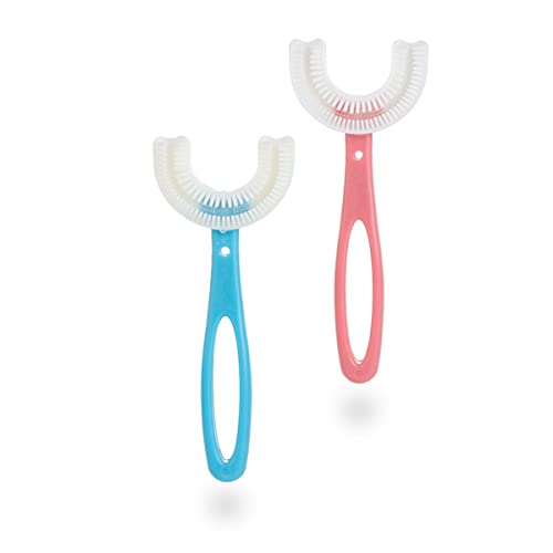 Tuaaivl Manual Toothbrushes for Kids 6-12 Years, 2PCS Kids Toothbrushes U Shape with Travel Case, Easy-Using 360° Oral Cleaning Manual Training Toothbrushes for Kids. (Blue+Pink)