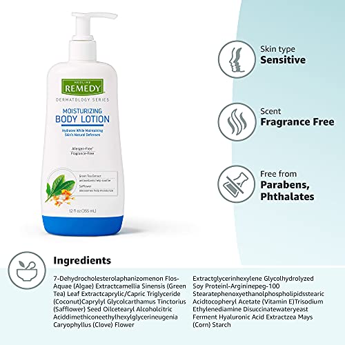 Medline Remedy Dermatology Series Moisturizing Body Lotion, Allergen and Fragrance-Free, Unscented, 12-oz Bottle