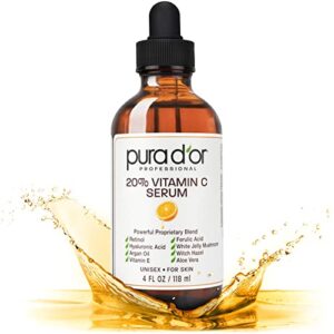 pura d’or 20% vitamin c serum (4oz best value) lightweight maximum strength formula, hyaluronic acid, retinol, professional grade treatment for face & eyes, dark spots, acne, wrinkles, for men & women