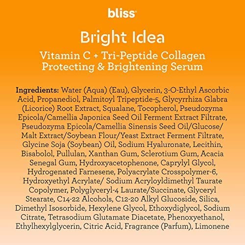 Bliss Bright Idea Vitamin C + Tri-Peptide Collagen Protecting & Brightening Serum for Dark spots, Even Skin Tone, Fine lines & Wrinkles - Clinical Grade Vitamin C - Suitable for all Skin Types- 1 Fl Oz - Clean - Vegan & Cruelty-Free