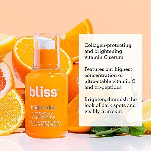 Bliss Bright Idea Vitamin C + Tri-Peptide Collagen Protecting & Brightening Serum for Dark spots, Even Skin Tone, Fine lines & Wrinkles - Clinical Grade Vitamin C - Suitable for all Skin Types- 1 Fl Oz - Clean - Vegan & Cruelty-Free