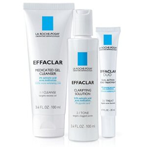 la roche-posay effaclar dermatological 3 step acne treatment system, salicylic acid acne cleanser, pore refining toner, and benzoyl peroxide acne spot treatment for sensitive skin, 2-month supply