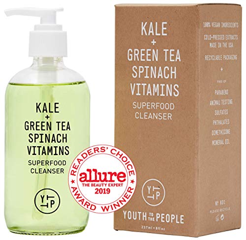 Youth To The People Kale + Green Tea Facial Cleanser - Gentle Superfood Blend of Spinach, Alfalfa, Vitamins C + E - Pore Minimizer, Makeup Remover & pH Balanced Gel Face Wash for Glowing Skin (8oz)