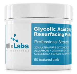 glycolic acid 20% resurfacing pads for face & body with vitamins b5, c & e, green tea, calendula, allantoin – exfoliates surface skin and reduces fine lines and wrinkles – peel pads