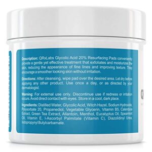 Glycolic Acid 20% Resurfacing Pads for Face & Body with Vitamins B5, C & E, Green Tea, Calendula, Allantoin - Exfoliates Surface Skin and Reduces Fine Lines and Wrinkles - Peel Pads