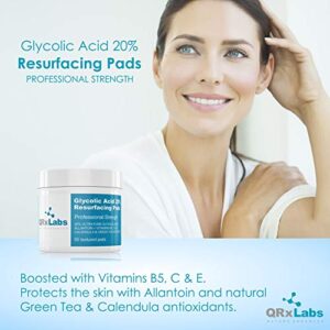 Glycolic Acid 20% Resurfacing Pads for Face & Body with Vitamins B5, C & E, Green Tea, Calendula, Allantoin - Exfoliates Surface Skin and Reduces Fine Lines and Wrinkles - Peel Pads