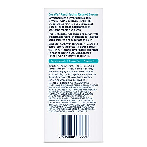 CeraVe Retinol Serum for Post-Acne Marks and Skin Texture | Pore Refining, Resurfacing, Brightening Facial Serum with Retinol and Niacinamide | Fragrance Free, Paraben Free & Non-Comedogenic| 1 Oz