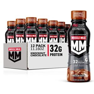 muscle milk pro advanced nutrition protein shake, knockout chocolate, 11.16 fl oz bottle, 12 pack, 32g protein, 1g sugar, 16 vitamins & minerals, 5g fiber, workout recovery, energizing snack, packaging may vary