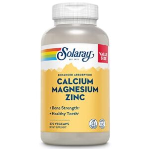 solaray calcium magnesium zinc supplement, with cal & mag citrate, strong bones & teeth support, easy to swallow capsules, vegan, 68 servings, 275 vegcaps