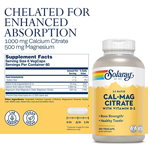 Solaray Calcium Magnesium Citrate 2:1 Ratio with Vitamin D2, Healthy Bone, Muscle & Nerve Support, 60 Serv, 360 VegCaps