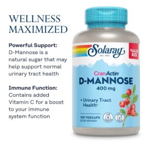 Solaray D-Mannose with CranActin Cranberry Supplement 400mg, Urinary Tract Health & Bladder Support Capsules with Vitamin C, Vegan, 60 Day Guarantee, 75 Servings, 150 VegCaps