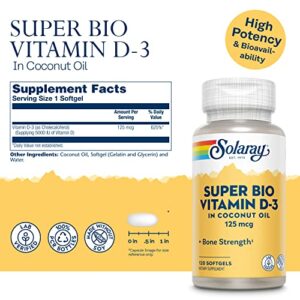 SOLARAY Super Bio Vitamin D-3 in Coconut Oil, Healthy Bone Strength & Immune Support, No Soy, 120 Softgels