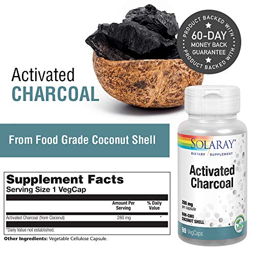 SOLARAY Activated Charcoal 280mg | Coconut Source | Healthy Inner Cleansing & Digestive Tract Support | Non-GMO, Vegan & Lab Verified | 90 Capsules