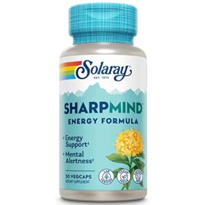 solaray sharpmind energy, energy booster for women and men, nootropic focus supplement, caffeine free energy pills with rhodiola rosea and cordyceps, 60 day guarantee, 30 servings, 30 vegcap pills