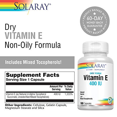 SOLARAY Vitamin E, Dry 400 IU w/ Mixed Tocopherols | Non-Oily | Healthy Cardiac Function, Antioxidant Activity & Skin Health Support | 100 Capsules