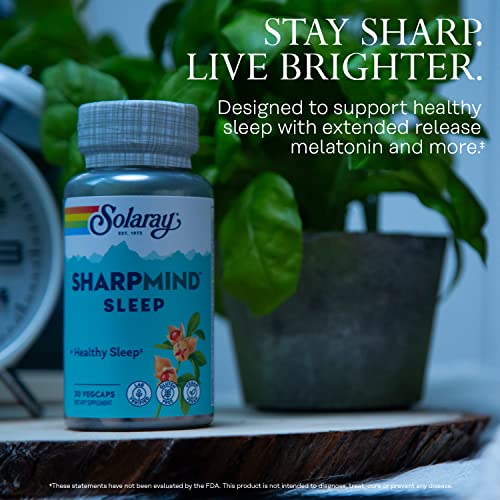 SOLARAY SharpMind Sleep, Nootropic Sleep Aid Formula, Nootropics Brain Support Supplement for a Calm Mood and Healthy Sleep with Slow Release Melatonin 3mg, 60 Day Guarantee, 30 Servings, 30 VegCaps