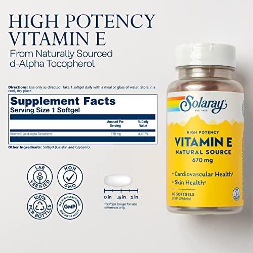 Solaray Vitamin E 1000 IU Softgels, 670 mg, d-Alpha Tocopherol, Healthy Skin, Cardiovascular Function, and Antioxidant Activity Support, Lab Verified, 60-Day Money-Back Guarantee, 60 Servings, 60 Softgels